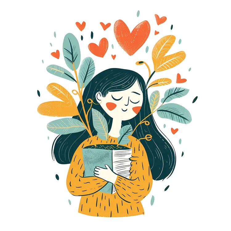 Cute Girl Reading Book with Hearts and Leaves