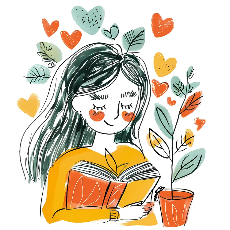 Cute Girl Reading Book with Hearts and Leaves