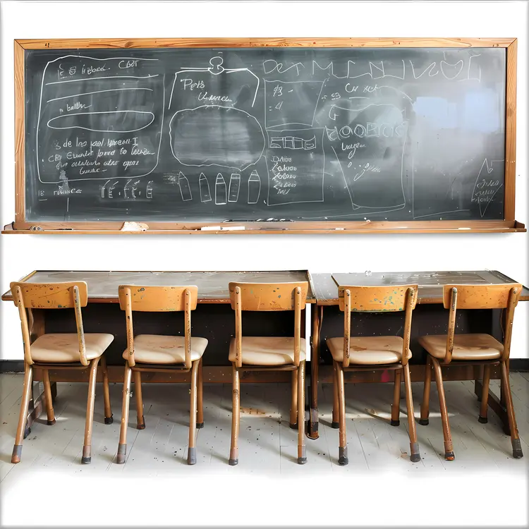Old Classroom with Wooden Desks and Chairs