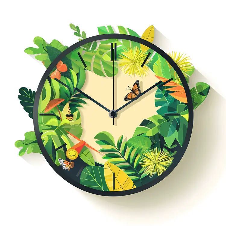 Jungle-Themed Clock with Leaves and Butterfly
