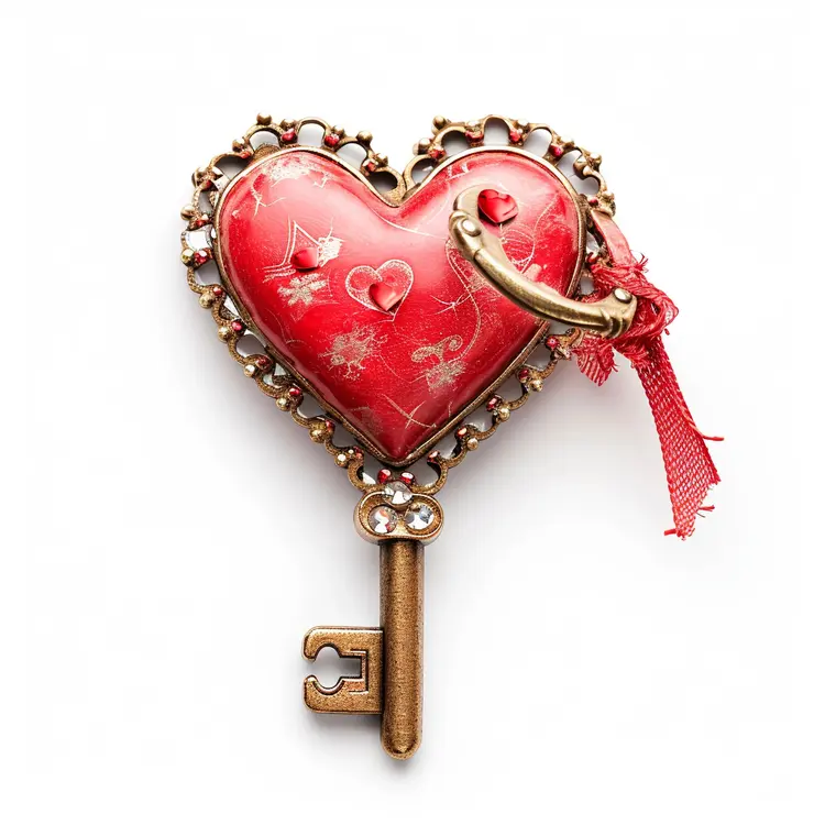 Vintage Red Heart Key with Ribbon