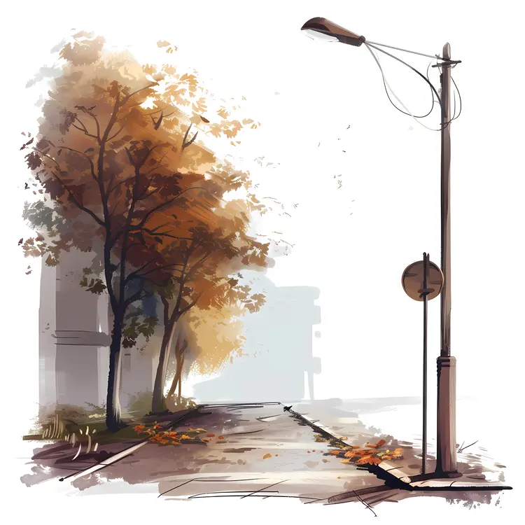 Autumn Street with Trees and Lamp Post