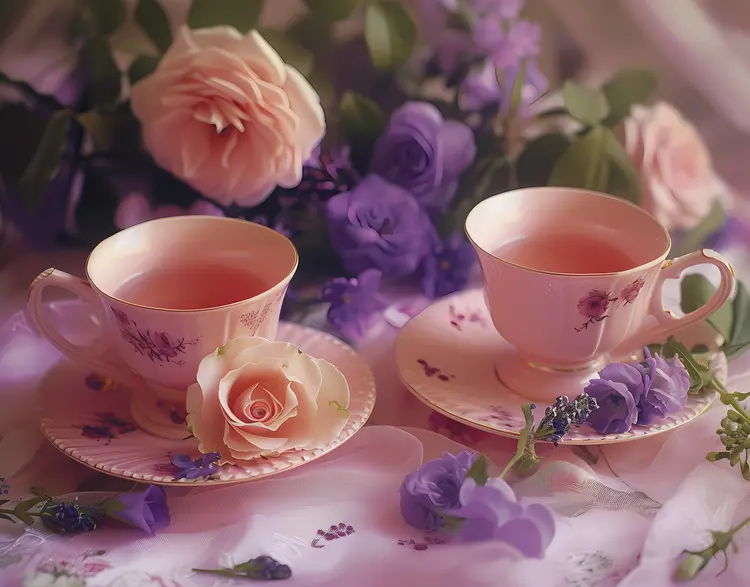 Floral Teacups with Roses and Purple Flowers
