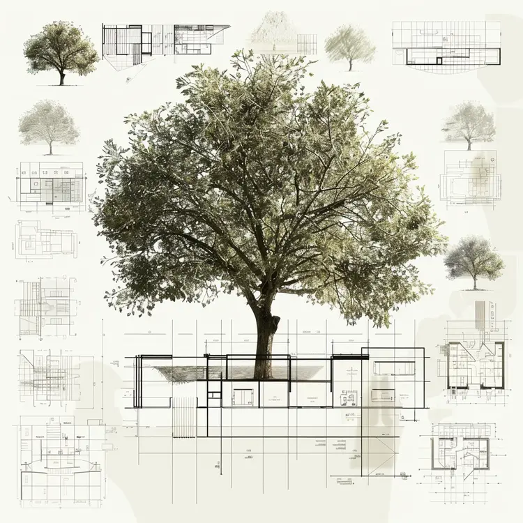 Architectural Plan with Tree and Blueprints