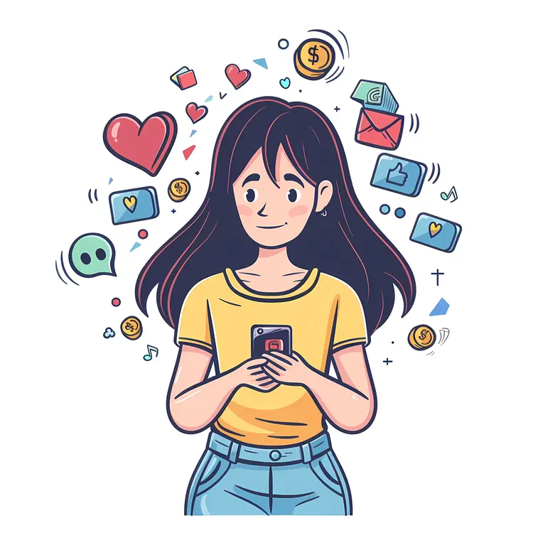 Girl Using Phone with Social Media Icons