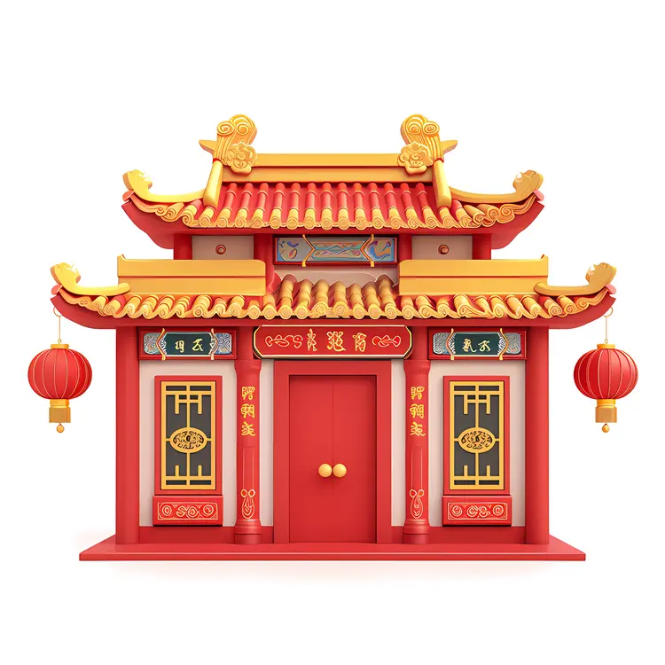 Traditional Chinese House with Red Lanterns