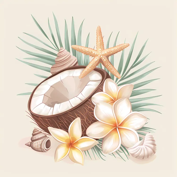 Tropical Beach Items with Coconut and Starfish