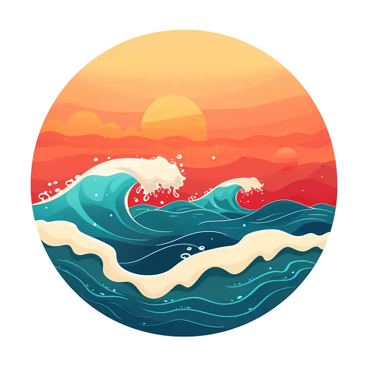 Waves at Sunset in Circular Frame