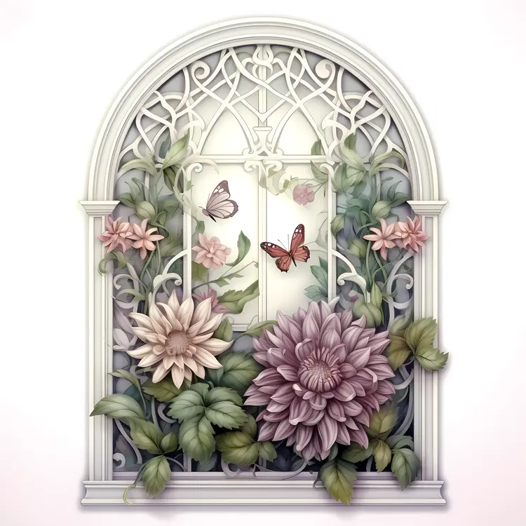 Delicate Window with Flowers and Butterflies