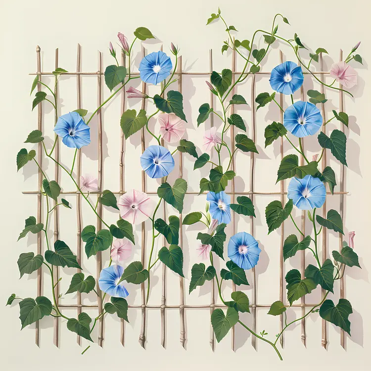 Blue and Pink Flowers on Trellis