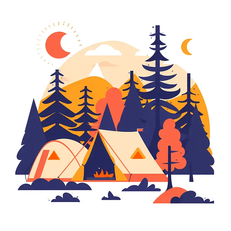 Sunset Camping Scene with Tents and Campfire