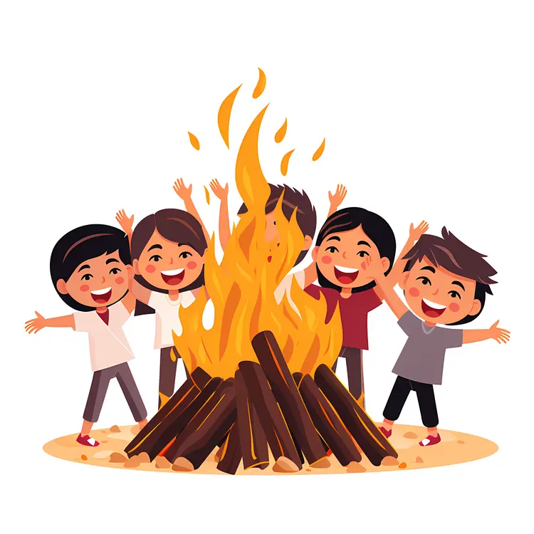 Children Celebrating Around a Bonfire