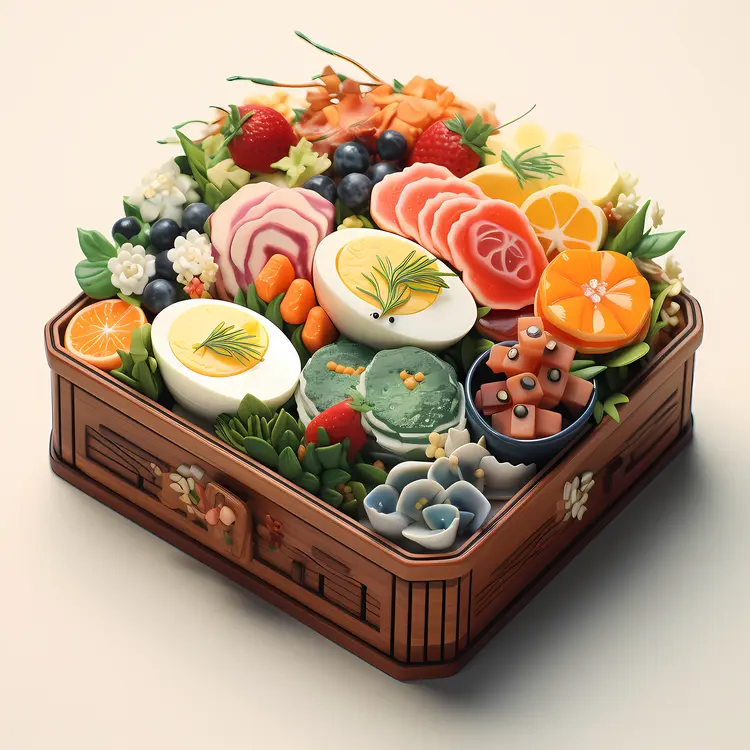 Bento Box with Eggs, Assorted Vegetables, and Fruits