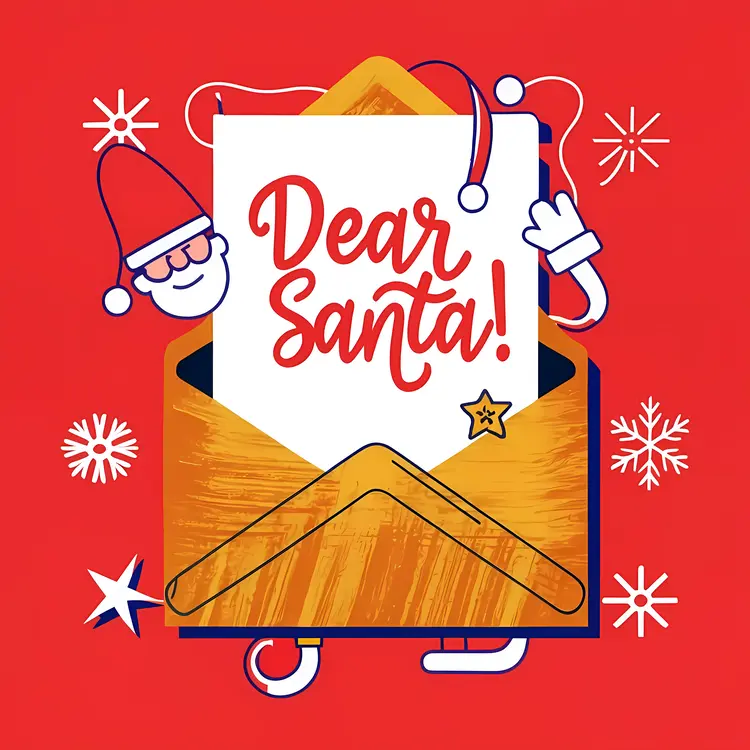 Dear Santa Letter in Yellow Envelope with Santa Hat and Snowflakes