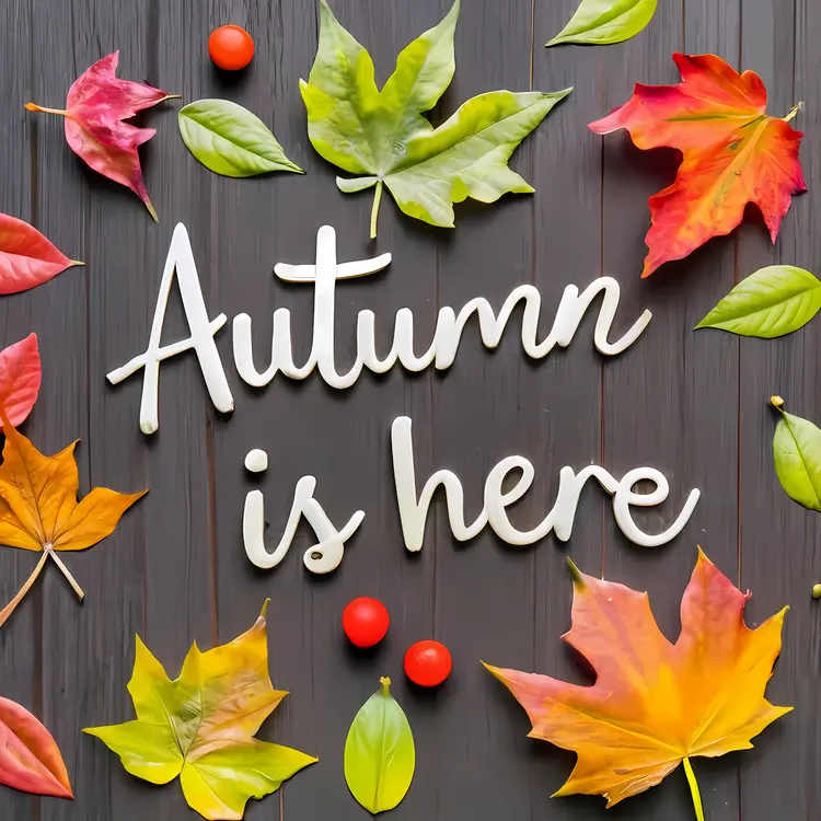 Autumn is Here Text with Colorful Leaves