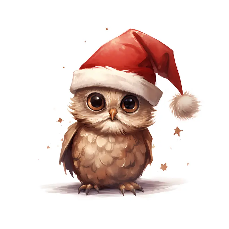 Adorable Owl with Santa Hat and Stars