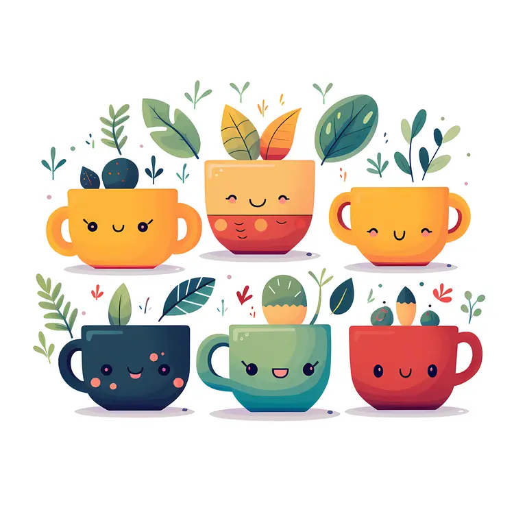 Cute Cups with Plants and Smiling Faces
