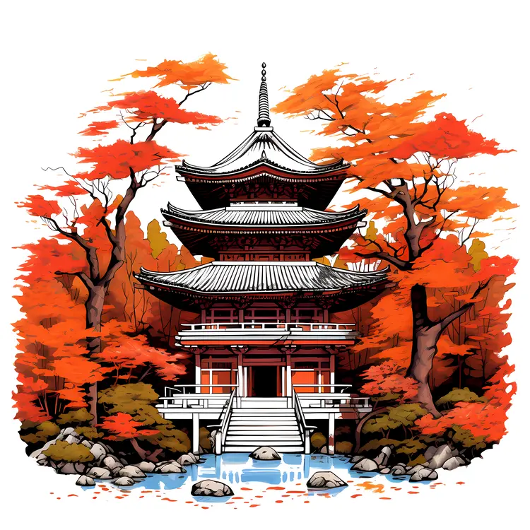 Red Pagoda with Autumn Trees