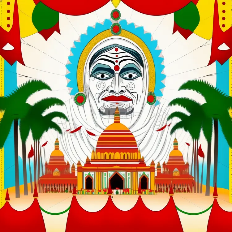 Colorful Temple with Mask and Palm Trees