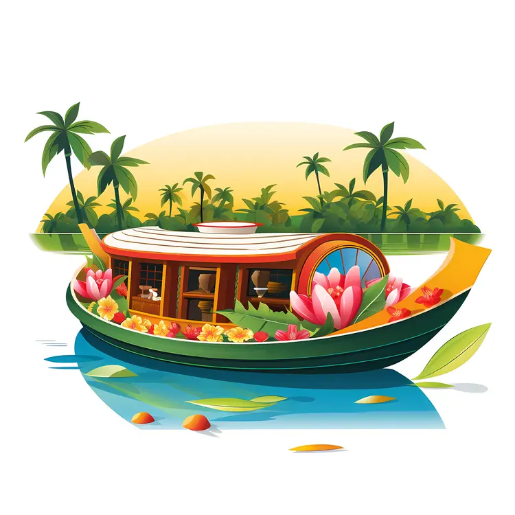 Colorful Boat with Flowers in Tropical River