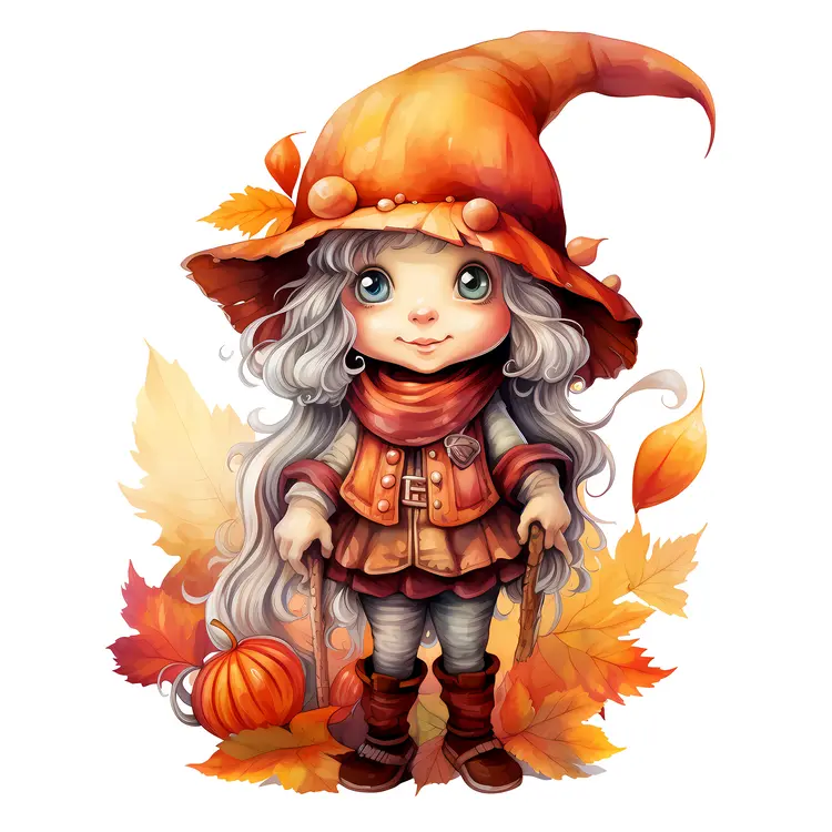 Cute Elf with Pumpkin and Autumn Leaves