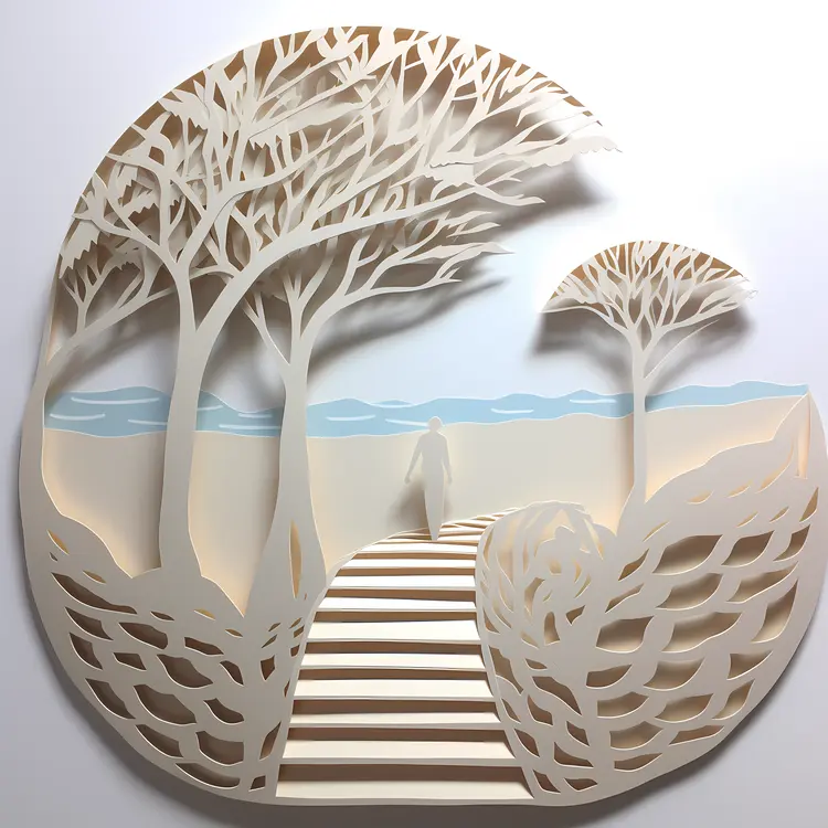 Serene Beach Pathway in Paper Art