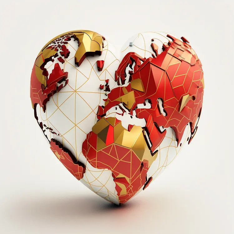 Heart-shaped World Map with Red and Gold Continents