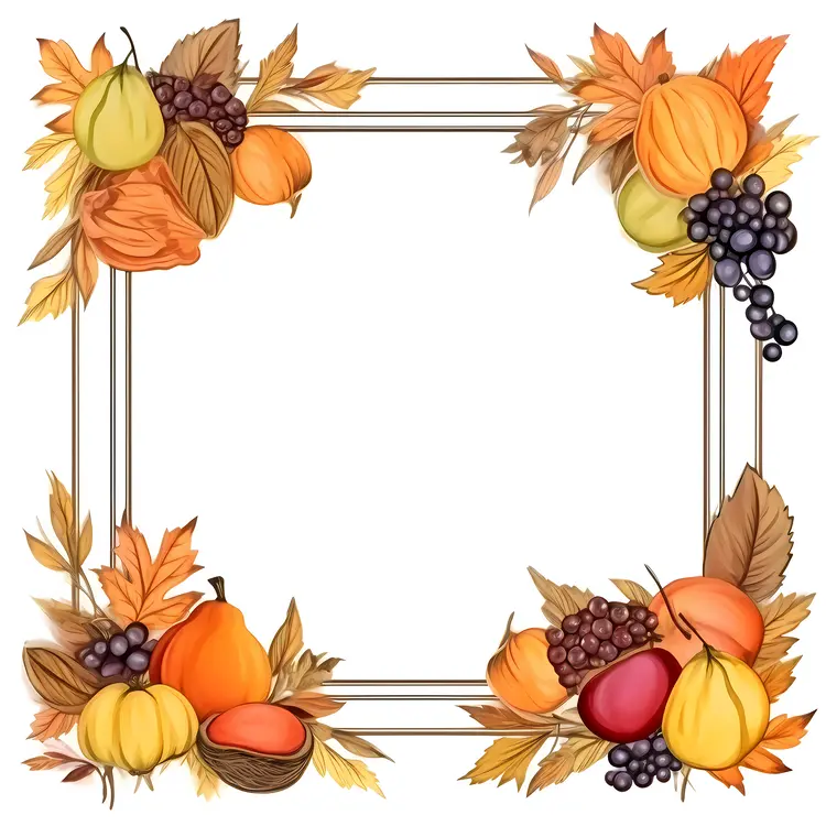 Autumn Fruits Frame with Pumpkins and Grapes