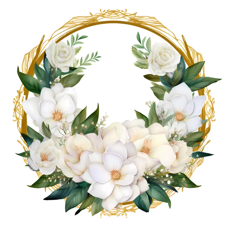 Elegant White Floral Wreath with Golden Frame