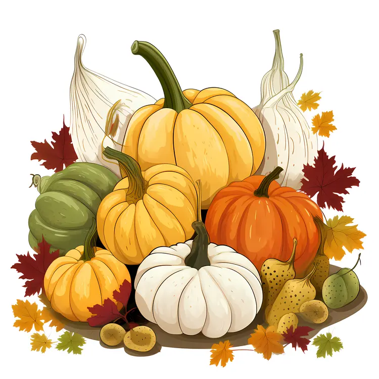 Pumpkins and Gourds with Autumn Leaves