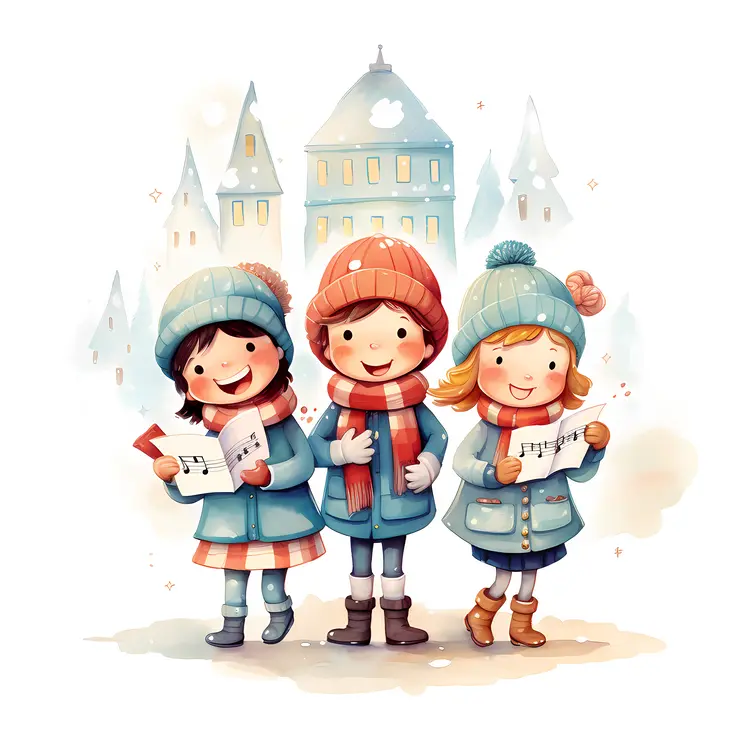 Children Singing Christmas Carols in Winter