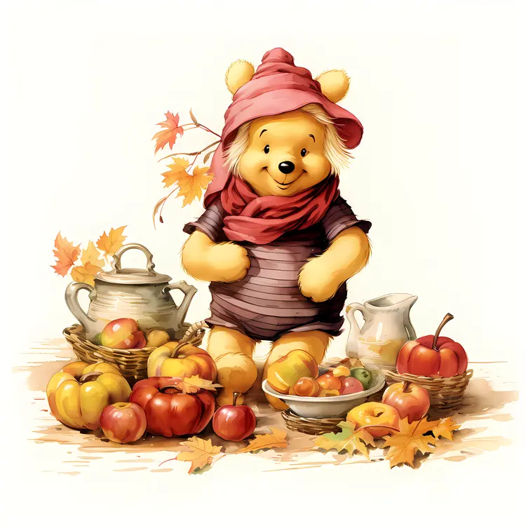 Winnie the Pooh with Apples and Autumn Leaves