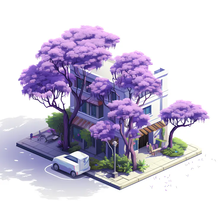 Purple Trees Surrounding a Building