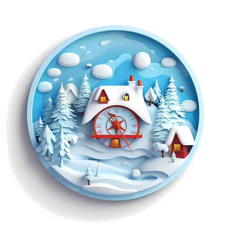 Snowy Cottage Clock with Winter Scene