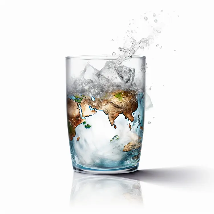 Glass of Water with World Map and Ice Cubes