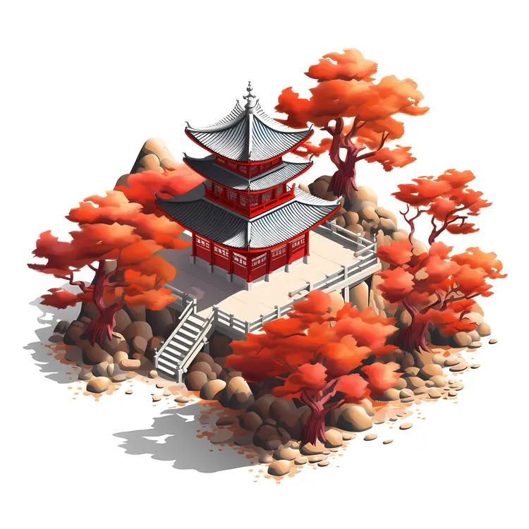 Red Pagoda with Autumn Trees