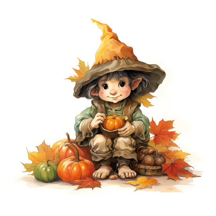 Cute Elf with Pumpkins and Autumn Leaves