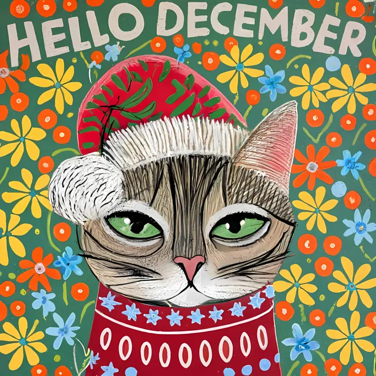 Hello December Cat with Santa Hat