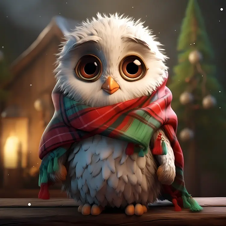 Cute Owl with Plaid Scarf in Winter