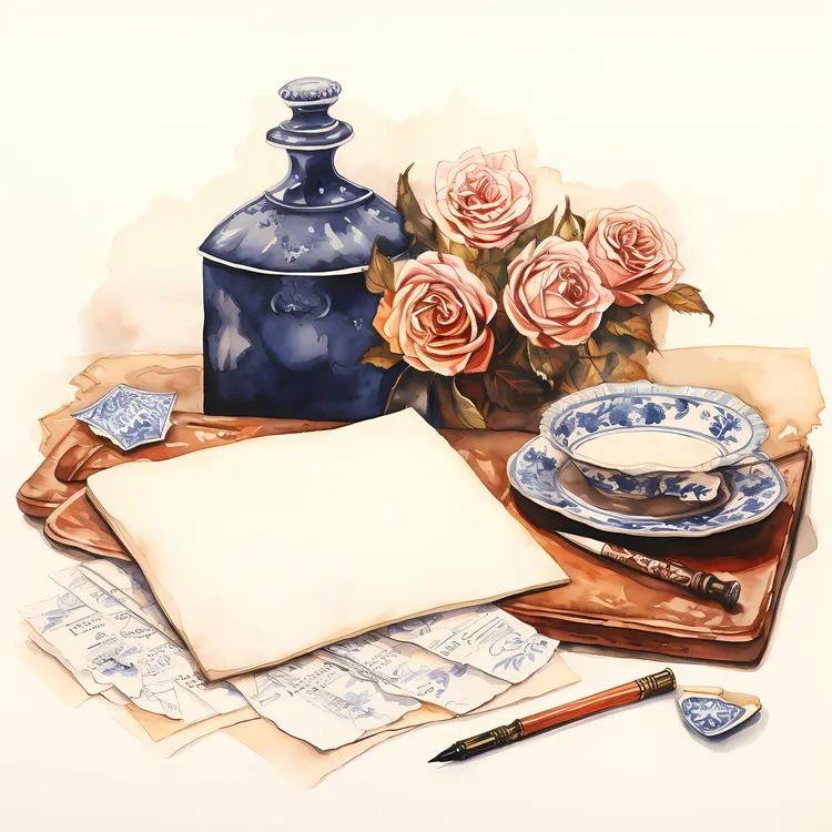 Vintage Writing Set with Roses and Pen