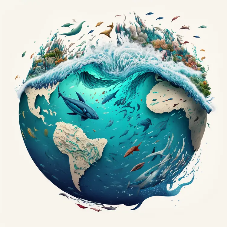 Artistic Representation of Earth with Oceans and Marine Life