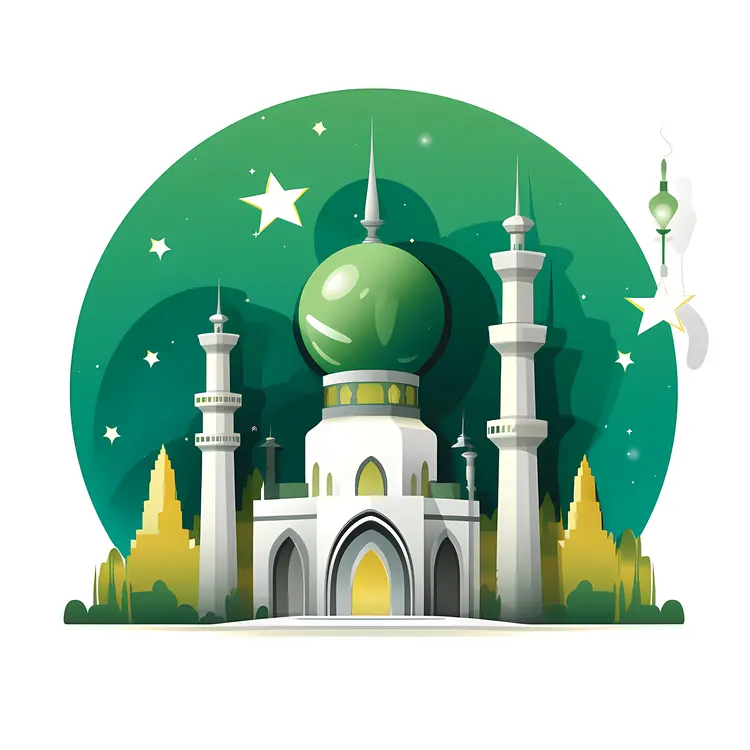 Green Mosque with Minarets and Dome