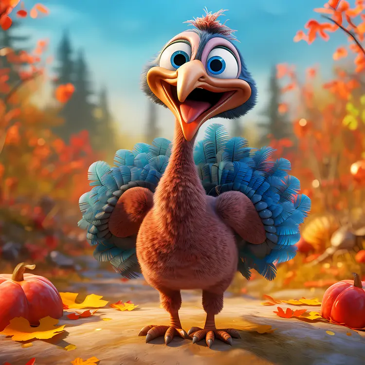 Cute Turkey in Autumn Forest