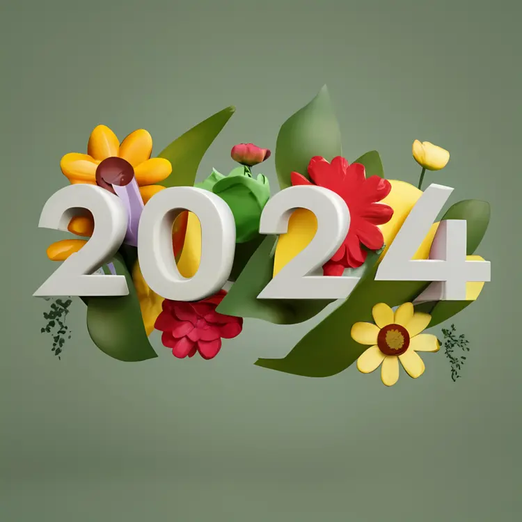 2024 with Colorful Flowers and Leaves