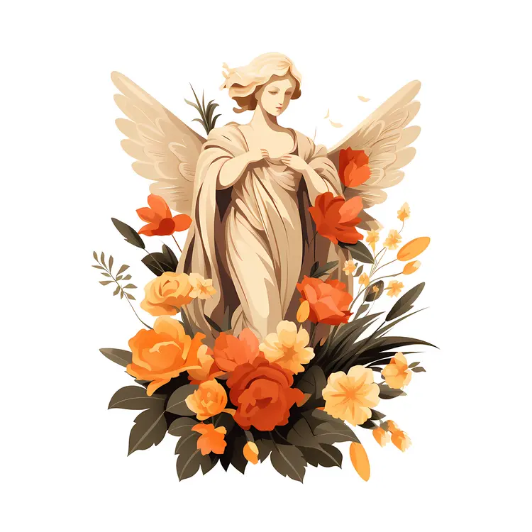 Serene Angel Statue with Orange and Yellow Flowers