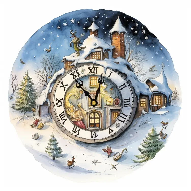 Snowy Night Clock with Moon and Stars