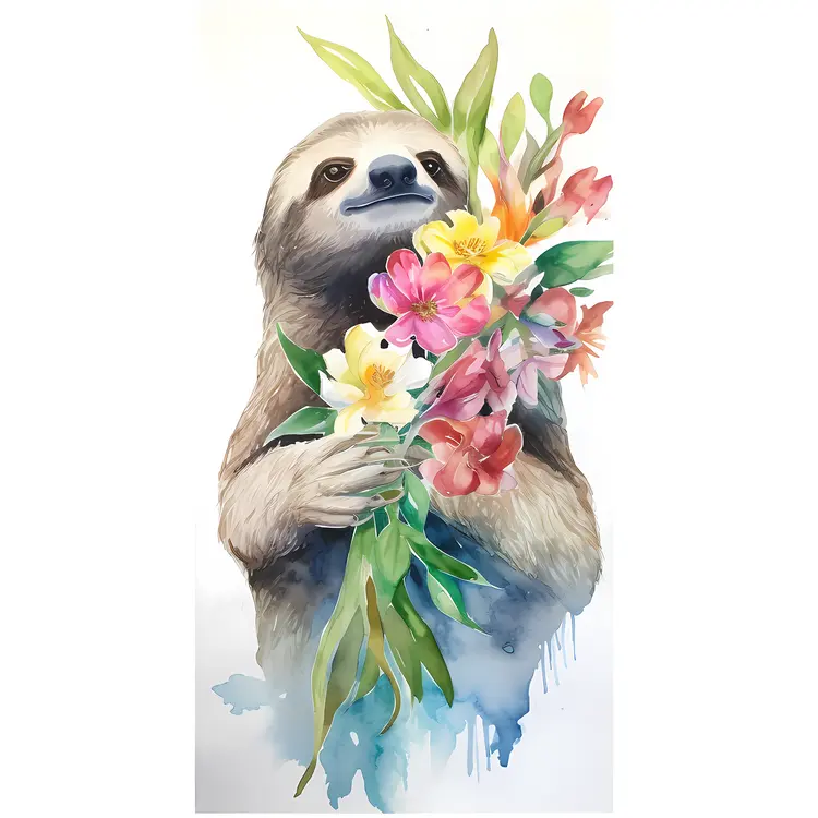 Sloth Holding Colorful Flowers in Watercolor Painting