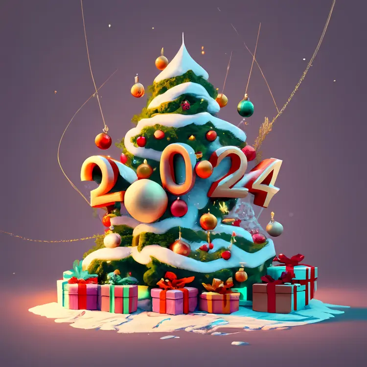 Festive Christmas Tree with 2024 and Presents