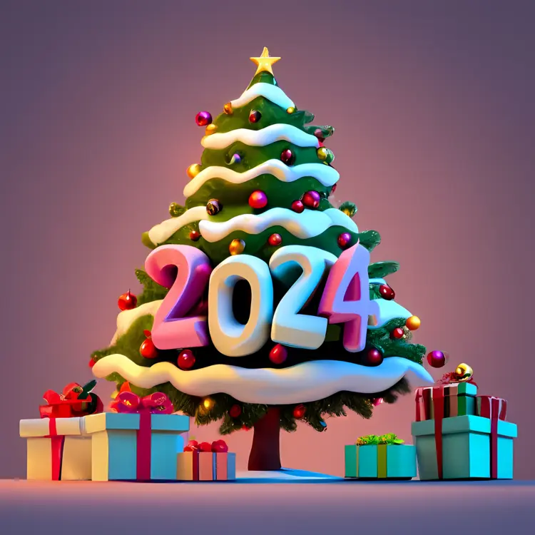Christmas Tree with 2024 and Colorful Presents
