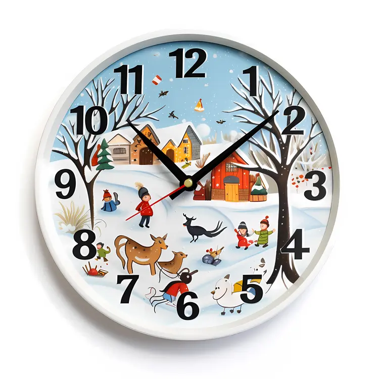 Winter Scene Clock with Snowy Village and Children Playing